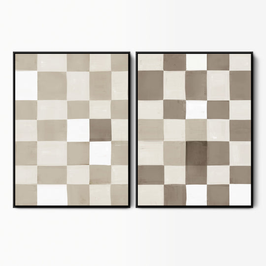 Neutral Checkerboard Abstract Canvas Set | Green Lili