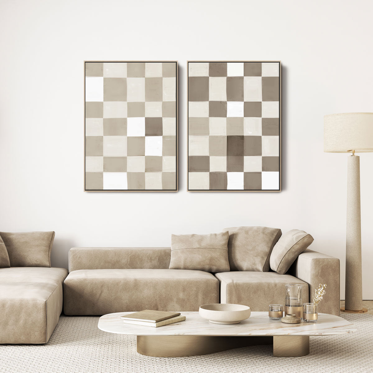 Neutral Checkerboard Abstract Canvas Set | Green Lili