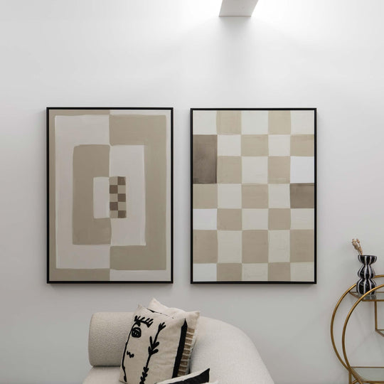Neutral Checkerboard Framed Abstract Canvas Art | Green Lili